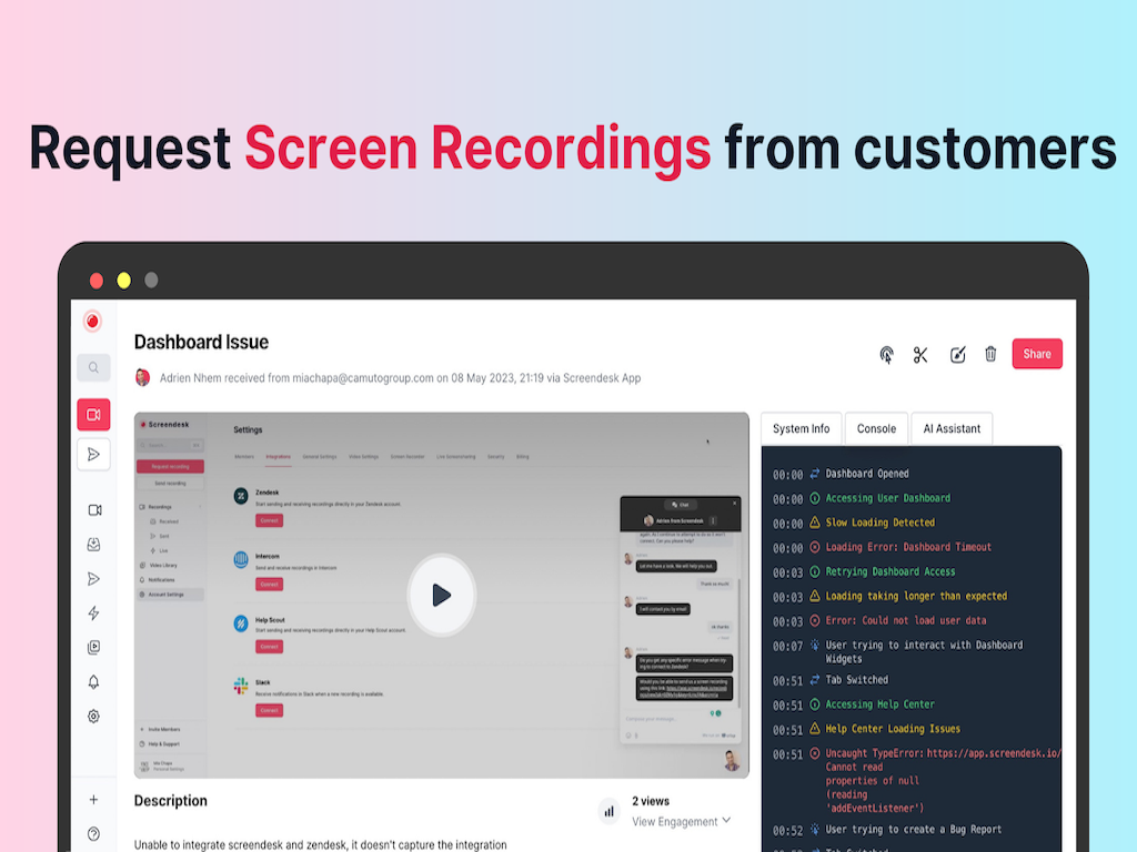 Screen Recording & Live Video Calls by Screendesk App Integration with ...